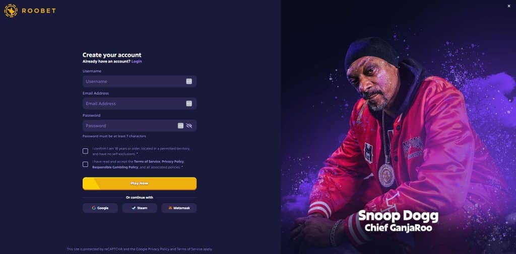 Start your gaming experience by creating a Roobet account